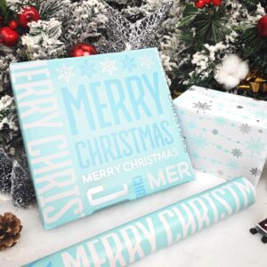 LDGOOAEL Mini Short Small Wrapping Paper Roll - Reversible Design (17" X 120") - Blue Merry Christmas Lettering & Snowflakes