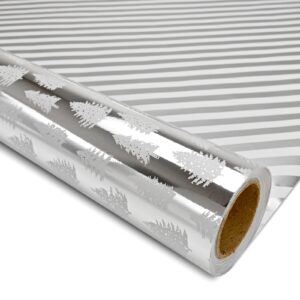 ldgooael reversible christmas wrapping paper jumbo roll - silver holiday tree & stripes - 30 inches x 100 feet