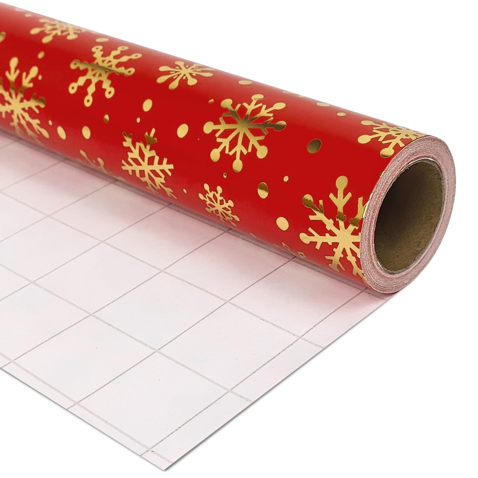 LDGOOAEL Mini Short Small Christmas Wrapping Paper Roll (17" X 120") - Gold Foil Snowflakes on Red