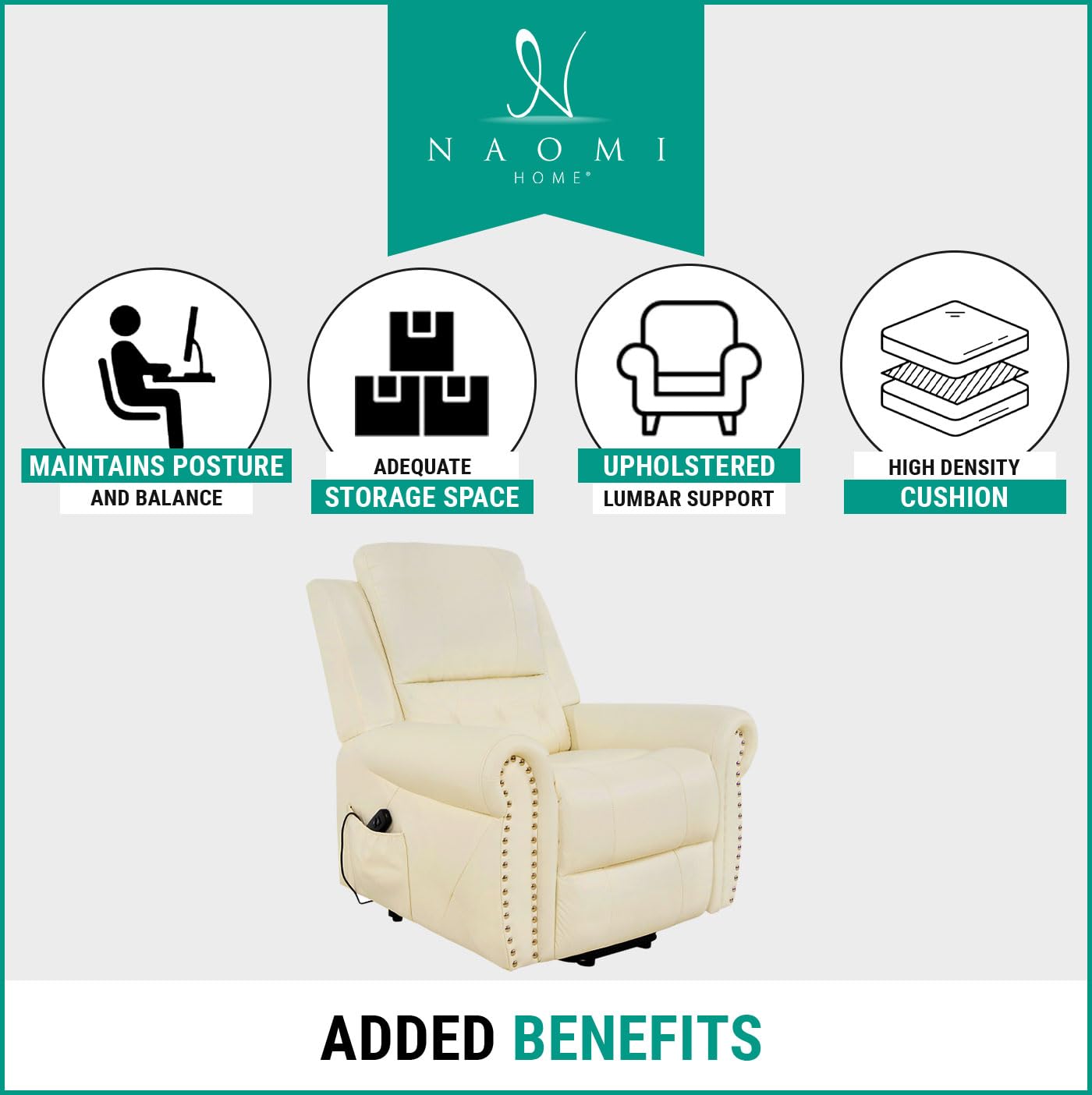 Tatiana Oversized Air Leather Power Lift Recliner Chair with Footrest, Reclining Chair with Remote Control, Premium Studded and Tufted Detailing, Side Pocket, Comfortable Power Lift Chair - Cream