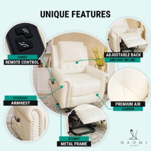 Tatiana Oversized Air Leather Power Lift Recliner Chair with Footrest, Reclining Chair with Remote Control, Premium Studded and Tufted Detailing, Side Pocket, Comfortable Power Lift Chair - Cream