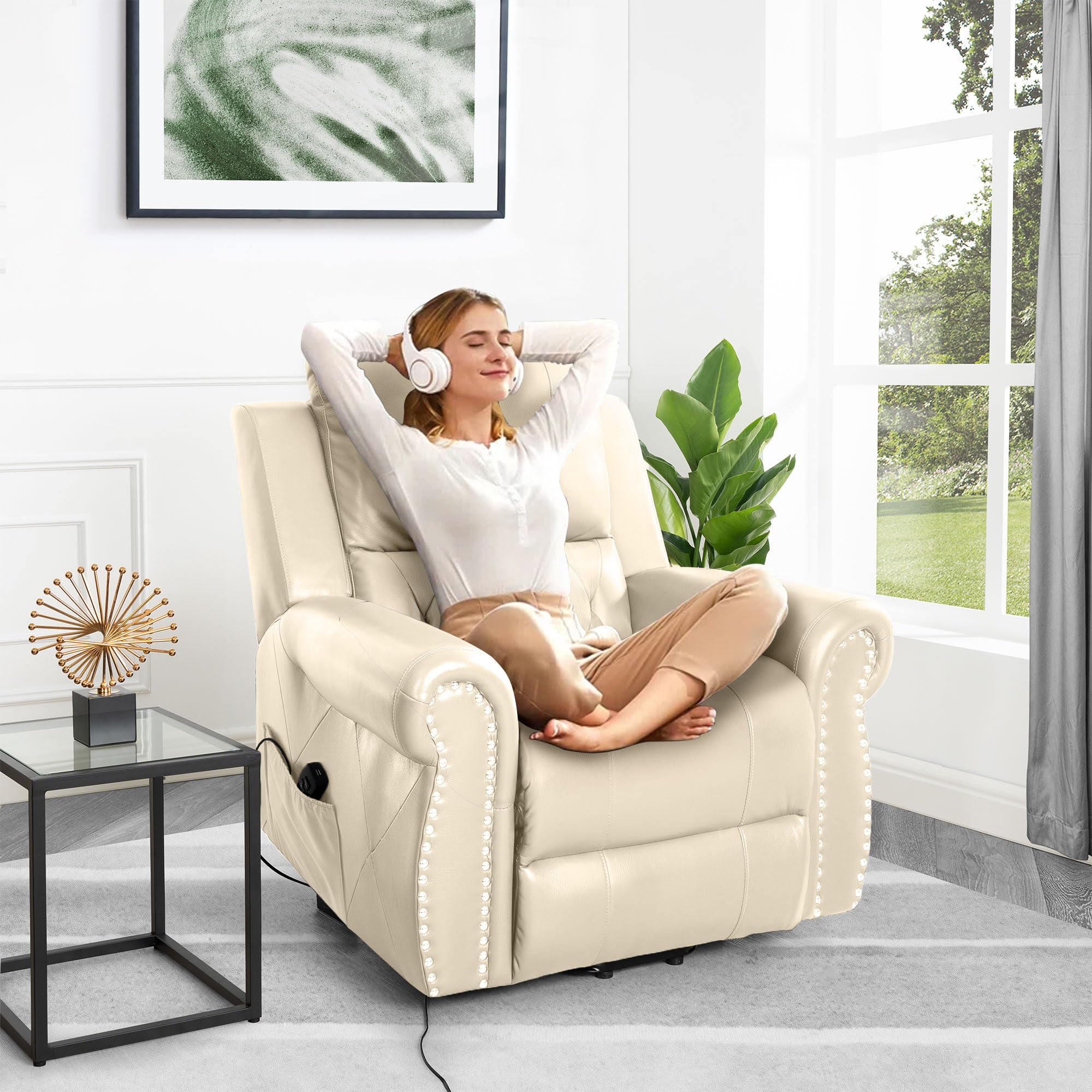 Tatiana Oversized Air Leather Power Lift Recliner Chair with Footrest, Reclining Chair with Remote Control, Premium Studded and Tufted Detailing, Side Pocket, Comfortable Power Lift Chair - Cream