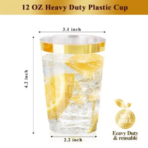 Nervure 120PCS Gold Rim Plastic Cups - 12oz Heavy Duty Plastic Cups - Fancy Clear Disposable Cups with Gold Rimmed for Wedding, Birthday, Party