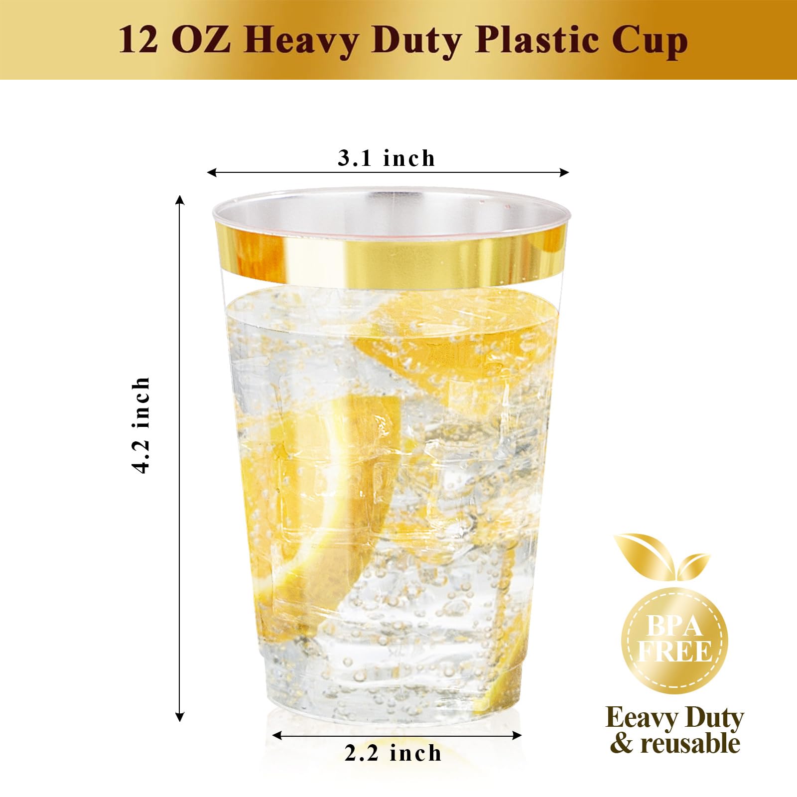 Nervure 120PCS Gold Rim Plastic Cups - 12oz Heavy Duty Plastic Cups - Fancy Clear Disposable Cups with Gold Rimmed for Wedding, Birthday, Party