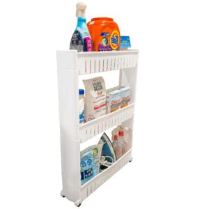 slim rolling storage cart - narrow slide out shelving utility cart - mobile storage for laundry, bathroom, kitchen & between washer and dryer.