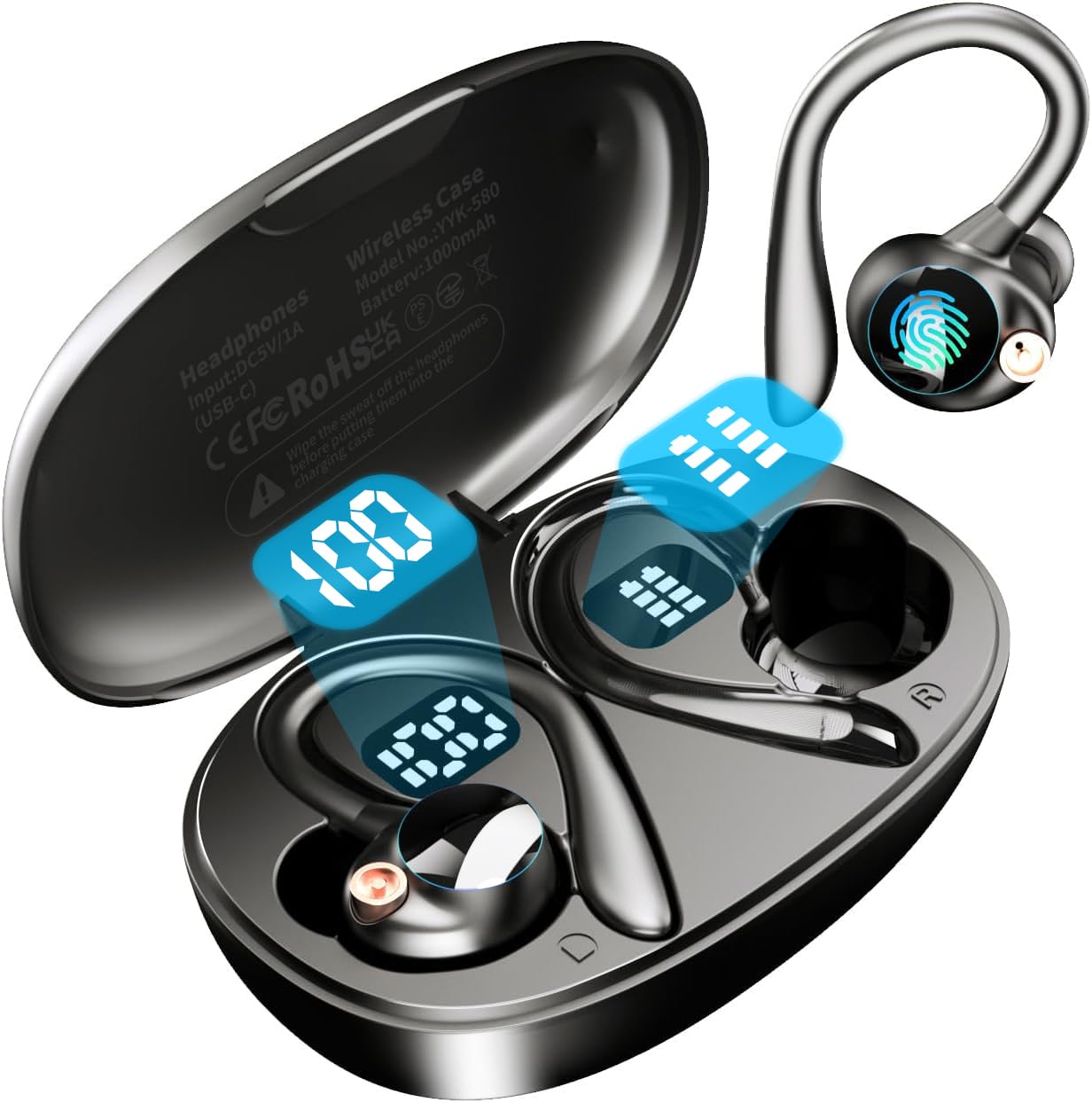 Wireless Earbuds Bluetooth Headphones Sport Bluetooth 5.3 Earbuds with 120H Playtime Dual LED Battery Display with Earhook IPX7 Waterproof for Workout/Gym/Running Black