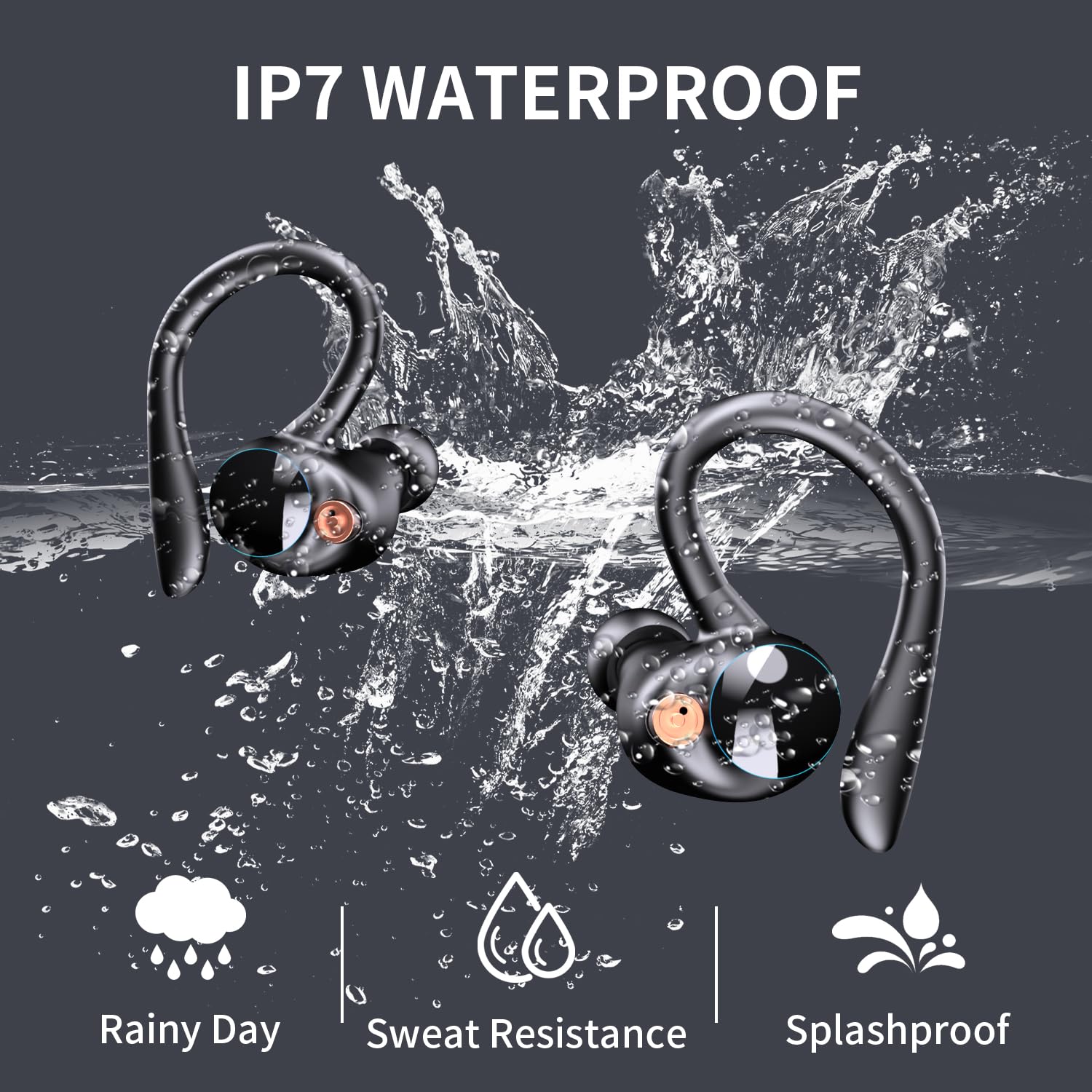 Wireless Earbuds Bluetooth Headphones Sport Bluetooth 5.3 Earbuds with 120H Playtime Dual LED Battery Display with Earhook IPX7 Waterproof for Workout/Gym/Running Black