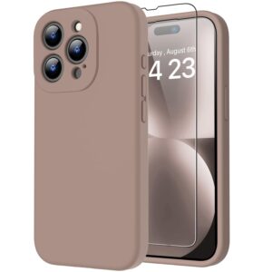 bicol compatible with iphone 15 pro max case with screen protector,enhanced camera lens protection,soft liquid silicone protective cover,slim fit protective phone case 6.7" light brown