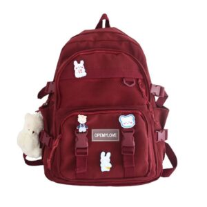 anebiple aesthetic kawaii nylon lighteweighted portable laptop backpack with a cute bear pendant, large capcity (red)