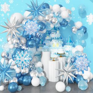 frozen balloon arch kit, white silver balloon garland with large snowflakes balloons mylar starburst foil balloons metalic silver blue balloons, blue balloons for winter wonderland girl birthday deco