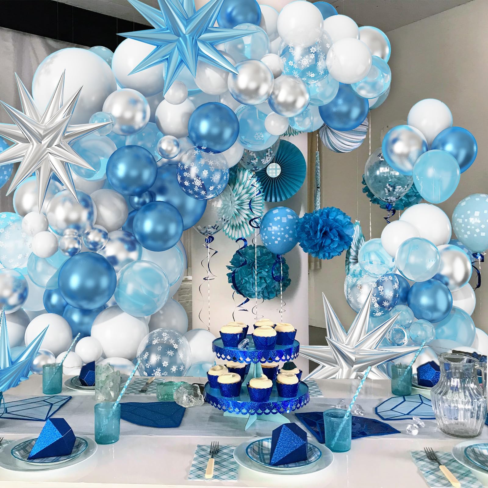 Frozen Balloon Arch Kit, White Silver Balloon Garland with Large Snowflakes Balloons Mylar Starburst Foil Balloons Metalic Silver Blue Balloons, Blue Balloons for Winter Wonderland Girl Birthday Deco