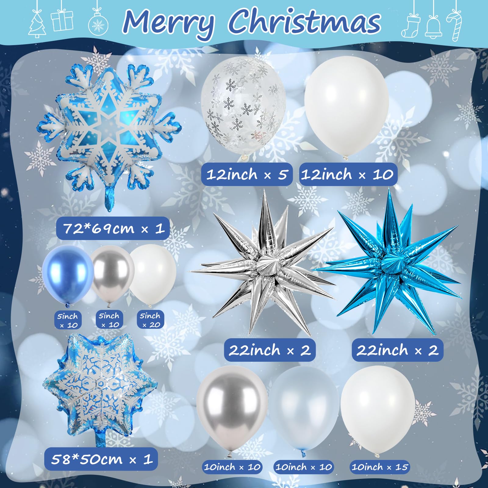 Frozen Balloon Arch Kit, White Silver Balloon Garland with Large Snowflakes Balloons Mylar Starburst Foil Balloons Metalic Silver Blue Balloons, Blue Balloons for Winter Wonderland Girl Birthday Deco