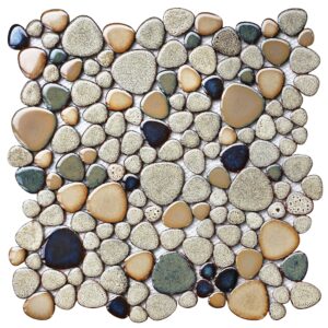 primoon pebble stone mosaic tiles 5 sheets, beige tan brown ceramic mosaic sheets mesh mounted 12x12, glazed porcelain tile for shower floor kitchen bathroom accent wall backsplash 【5 sheets】