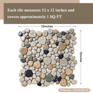 Primoon Pebble Stone Mosaic Tiles 5 Sheets, Beige Tan Brown Ceramic Mosaic Sheets Mesh Mounted 12x12, Glazed Porcelain Tile for Shower Floor Kitchen Bathroom Accent Wall Backsplash 【5 Sheets】