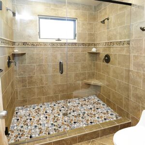 Primoon Pebble Stone Mosaic Tiles 5 Sheets, Beige Tan Brown Ceramic Mosaic Sheets Mesh Mounted 12x12, Glazed Porcelain Tile for Shower Floor Kitchen Bathroom Accent Wall Backsplash 【5 Sheets】