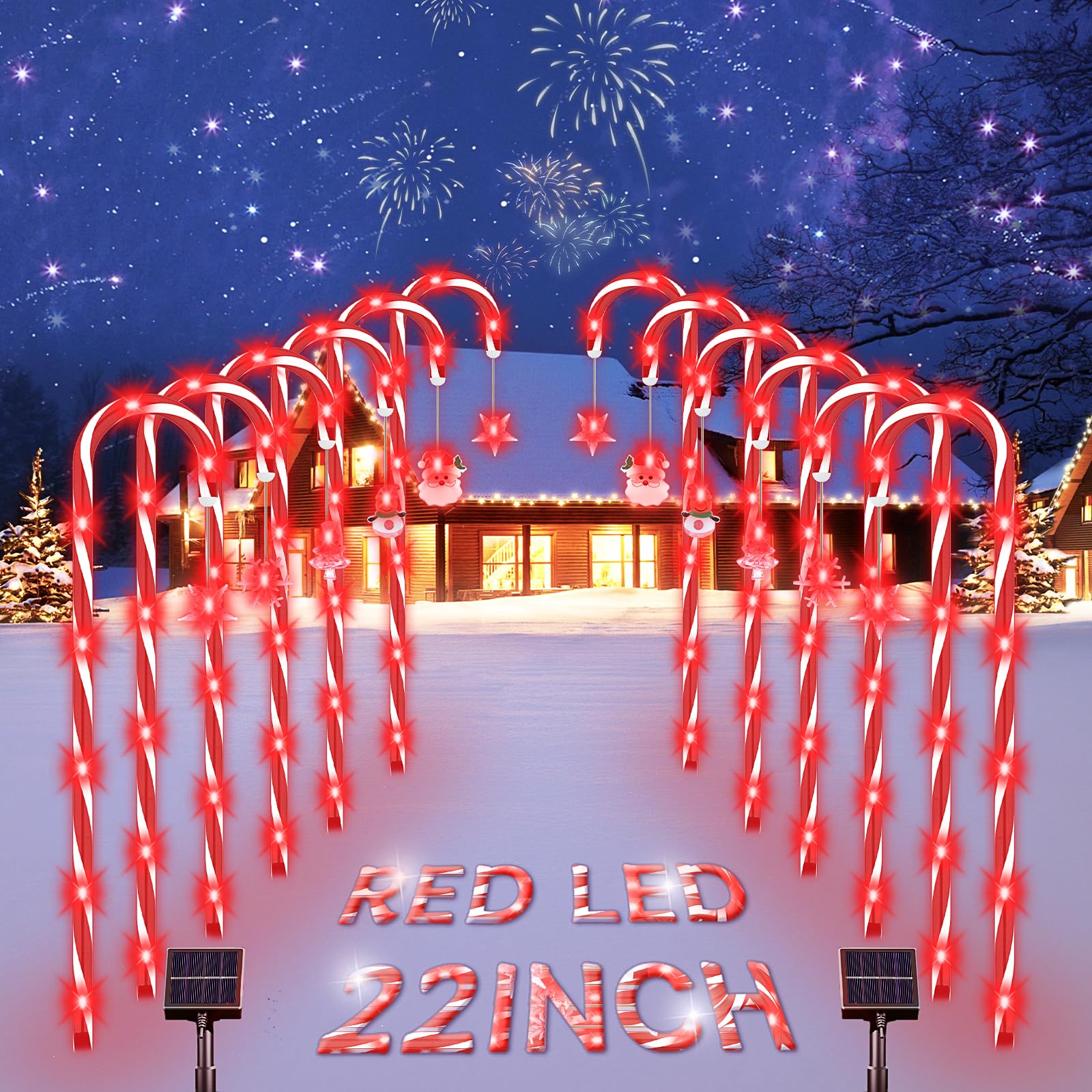 ALFIOT Solar Christmas Candy Cane Lights,Red Lights 12 Pack Upgraded Pathway Stake Lights Outdoor, 8 Modes 2000Mah Lights Walkway Outdoor Markers with Stakes for Garden Patio Xmas Decorations (22'')