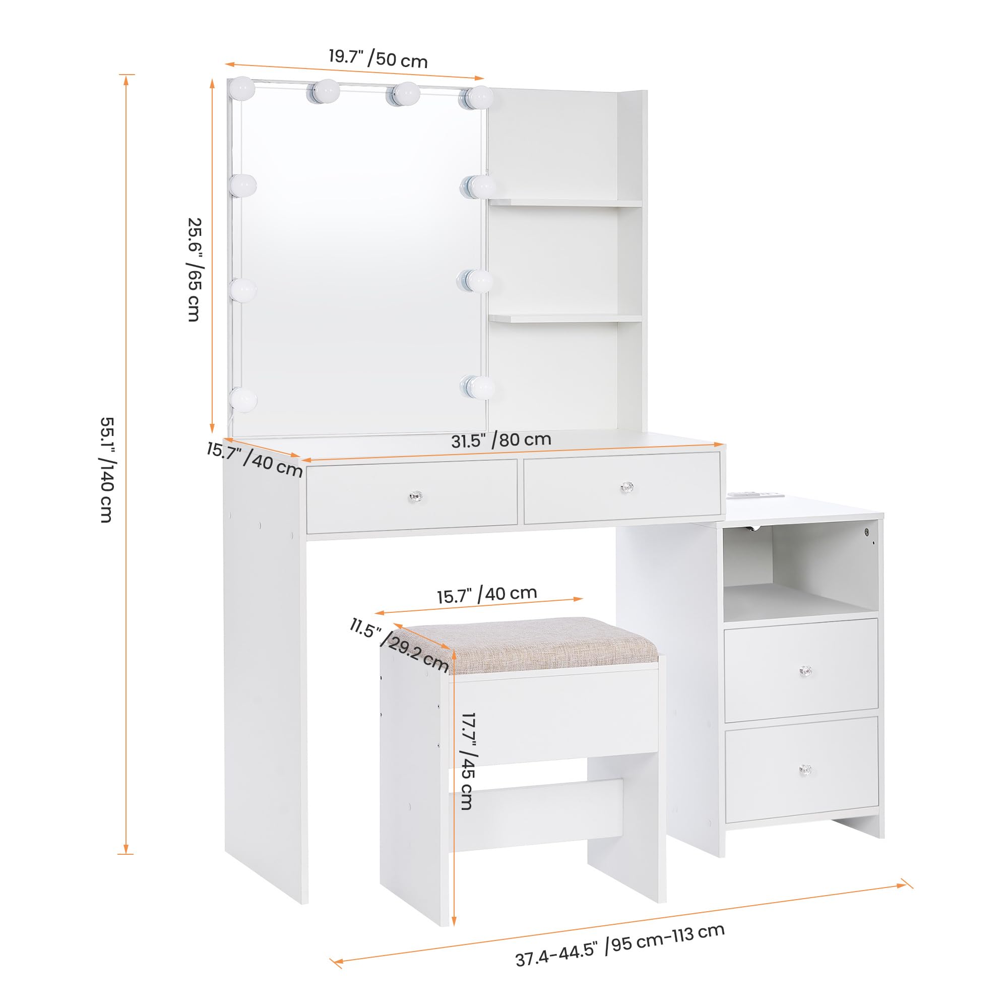 ANWBROAD Makeup Vanity Desk Vanity Set with LED Lighted Mirror Makeup Vanity Table Set with Charging Station Nightstand 3 Colors Modes Dimming Cushioned Stool (Crystalline Handles) UBDT13W