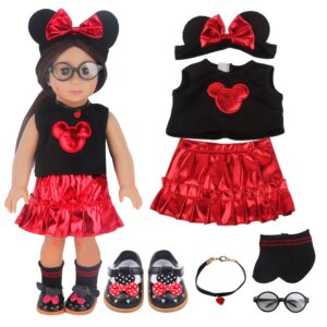 msyo 18 inch doll playset for girl dolls, micky themed doll accessories for american dolls, including red bow hairband, red micky skirt, doll necklace, shoes socks glasses, total of 7 pcs