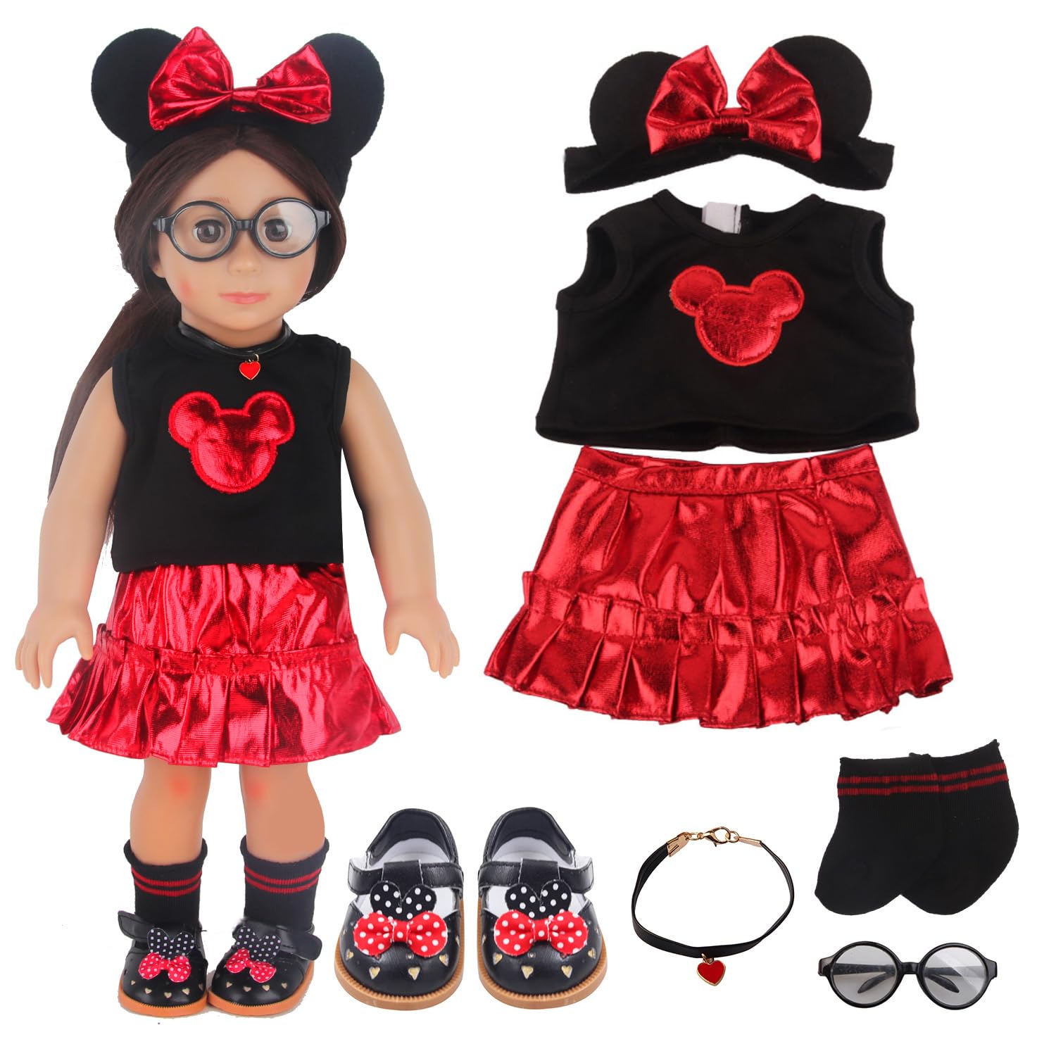 MSYO 18 Inch Doll Playset for Girl Dolls, Micky Themed Doll Accessories for American Dolls, Including Red Bow Hairband, Red Micky Skirt, Doll Necklace, Shoes Socks Glasses, Total of 7 pcs