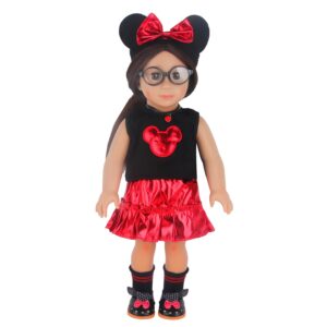 MSYO 18 Inch Doll Playset for Girl Dolls, Micky Themed Doll Accessories for American Dolls, Including Red Bow Hairband, Red Micky Skirt, Doll Necklace, Shoes Socks Glasses, Total of 7 pcs