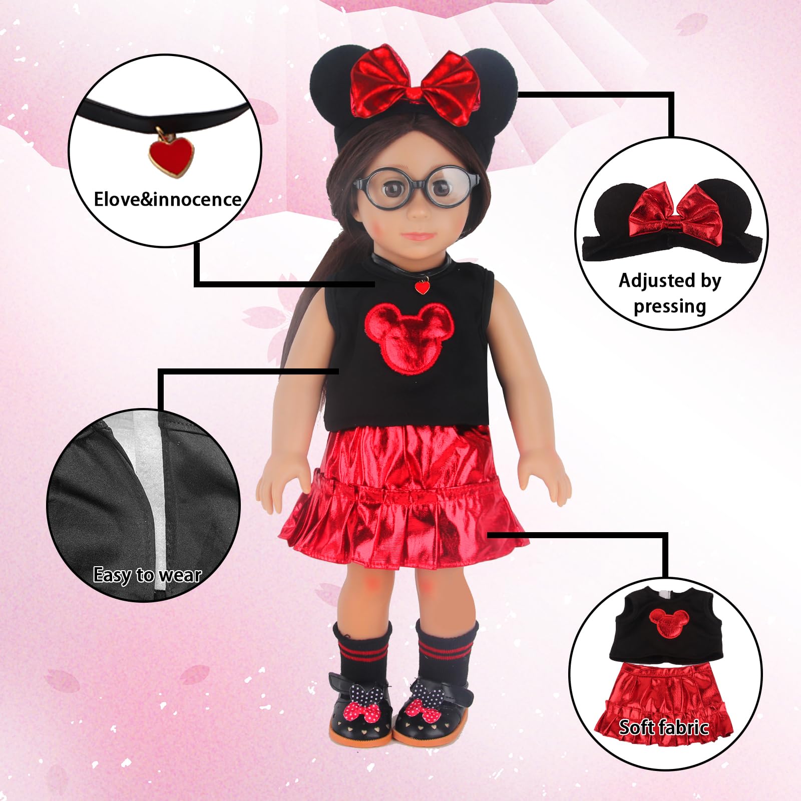 MSYO 18 Inch Doll Playset for Girl Dolls, Micky Themed Doll Accessories for American Dolls, Including Red Bow Hairband, Red Micky Skirt, Doll Necklace, Shoes Socks Glasses, Total of 7 pcs