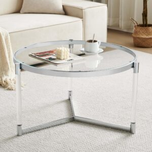 saint mossi glass coffee table, modern design, single layer glass coffee table for living space, d32 x h17, clear glass top, clear acrylic leg & chrome finish metal frame