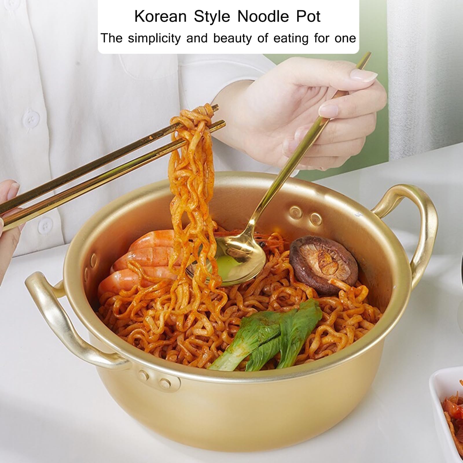 SVRITE Ramen Cooking Pot Korean Traditional Ramen Pot 14/16/18/20/22cm Aluminum Noodle Hot Pot with Lid and Double Handle Ramen Bowl Stockpots Pasta Pots for Home and Outdoor, Dishwasher Safe (14cm)