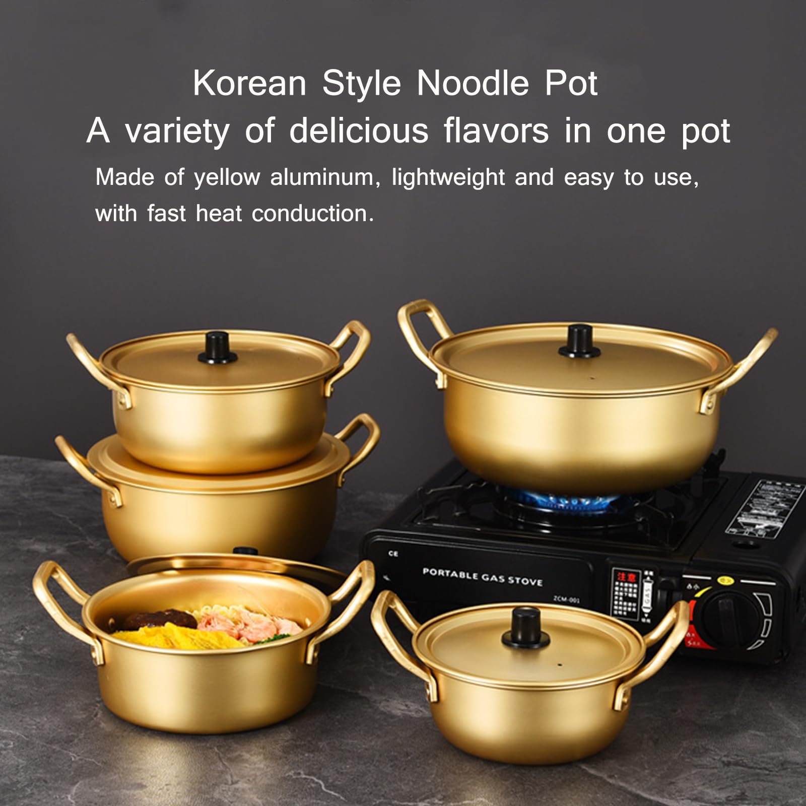 SVRITE Ramen Cooking Pot Korean Traditional Ramen Pot 14/16/18/20/22cm Aluminum Noodle Hot Pot with Lid and Double Handle Ramen Bowl Stockpots Pasta Pots for Home and Outdoor, Dishwasher Safe (14cm)