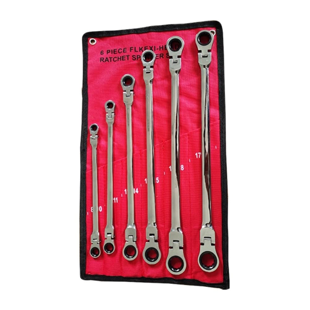 SRGDRR Extra Long Flex-Head Double Box End Ratcheting Wrench Set Metric 6-Piece 8-19mm Chrome Vanadium Steel Hand Repair tool set,Silver,6pcs (8,19mm)