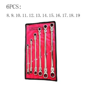 SRGDRR Extra Long Flex-Head Double Box End Ratcheting Wrench Set Metric 6-Piece 8-19mm Chrome Vanadium Steel Hand Repair tool set,Silver,6pcs (8,19mm)