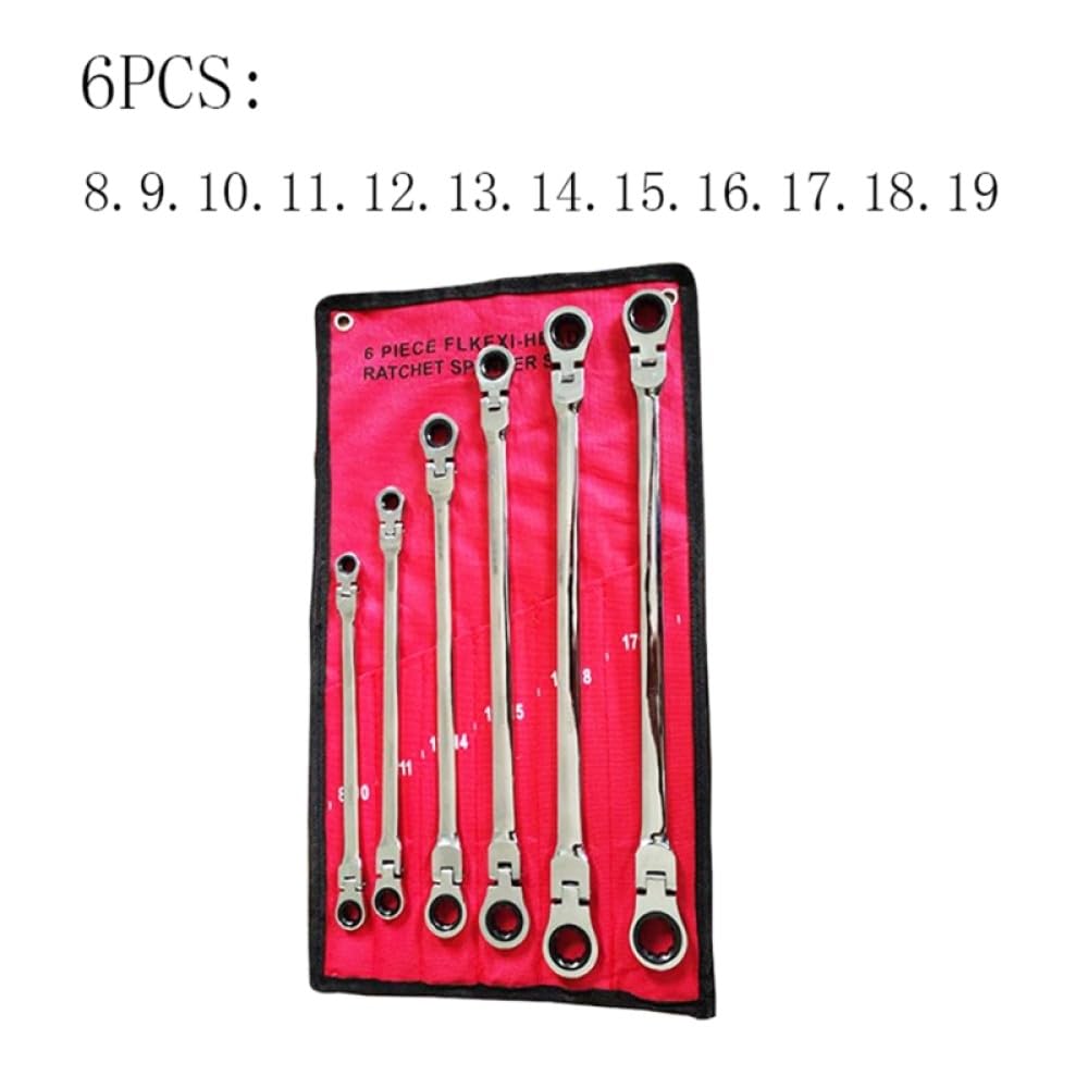 SRGDRR Extra Long Flex-Head Double Box End Ratcheting Wrench Set Metric 6-Piece 8-19mm Chrome Vanadium Steel Hand Repair tool set,Silver,6pcs (8,19mm)