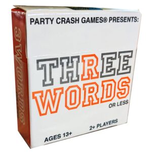 party crash games presents: three words or less - a simple, yet challenging little word game; designed for 2-6 players 13+ who are a clever wordsmith... 3 words or less