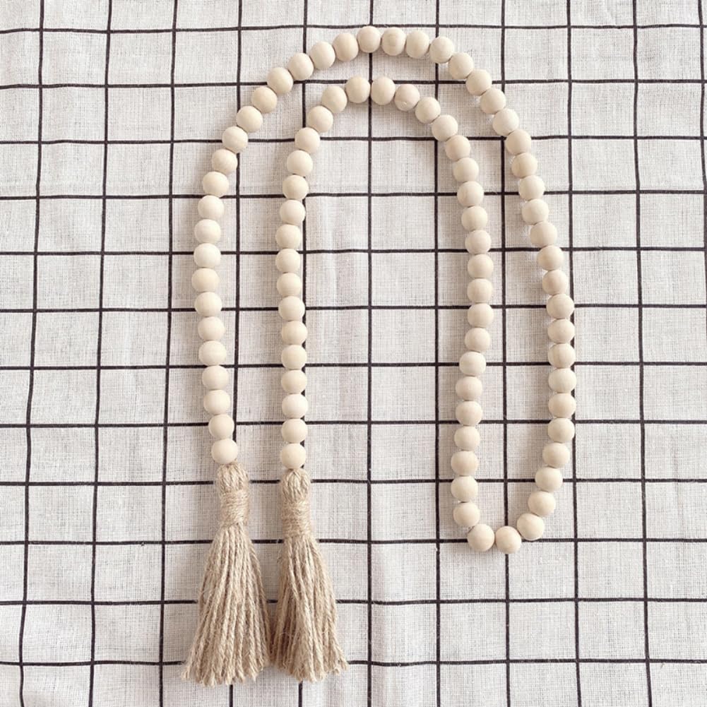 Vawolecy Farmhouse Beads 58in Wood Bead Garland with Tassels, Natural Rustic Country Home Decor Prayer Boho 84 Beads Garland for Tiered Tray Xmas Wall Table Decor