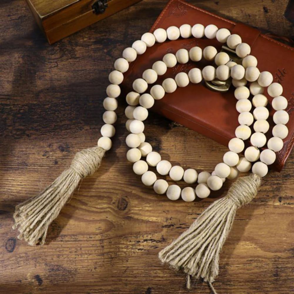 Vawolecy Farmhouse Beads 58in Wood Bead Garland with Tassels, Natural Rustic Country Home Decor Prayer Boho 84 Beads Garland for Tiered Tray Xmas Wall Table Decor