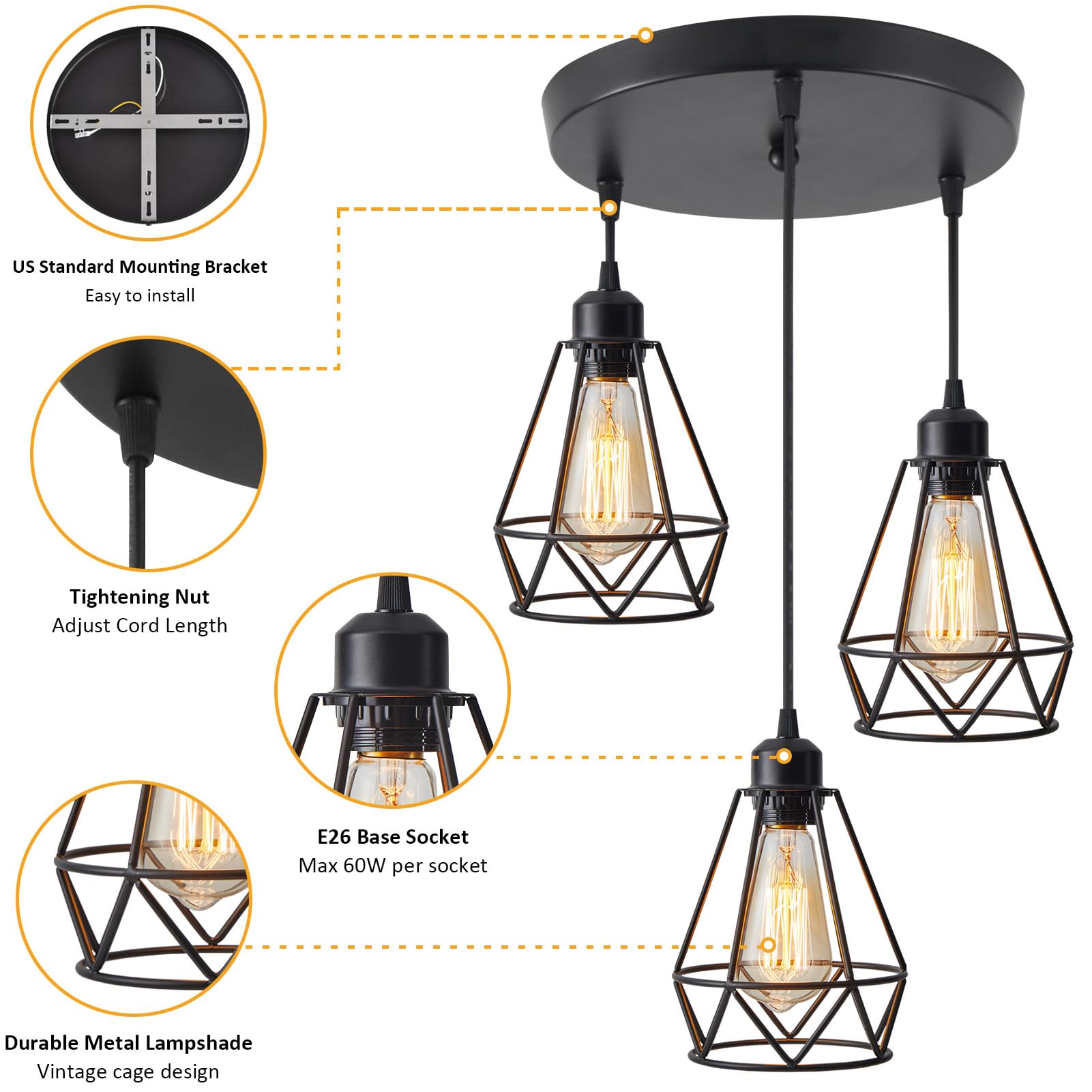 YXTH 3-Light Pendant Light Fixtures, Farmhouse Hanging Pendant Lighting, Adjustable Industrial Kitchen Island Hanging Light Fixture, Black Metal Cage Pendant Ceiling Lamp for Kitchen Dining Room