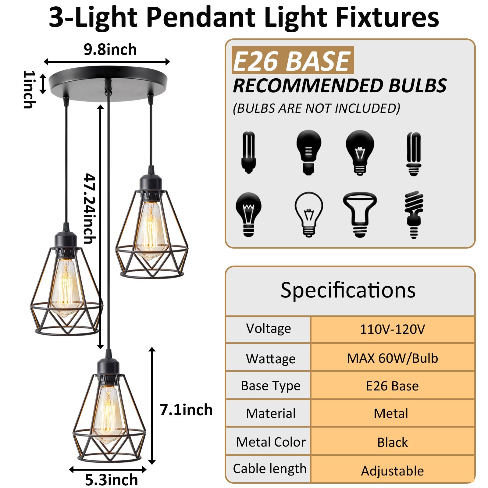 YXTH 3-Light Pendant Light Fixtures, Farmhouse Hanging Pendant Lighting, Adjustable Industrial Kitchen Island Hanging Light Fixture, Black Metal Cage Pendant Ceiling Lamp for Kitchen Dining Room