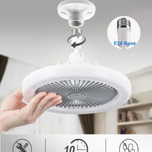 PANLAVIE Enclosed Ceiling Fan with Light and Remote, 10 Inch Screw in Fan Light Mini Bladeless Ceiling Fans, 3 Fan Speeds Dimmable 3 Light Colors for Garage Tool Room Hallway, No Wiring Required