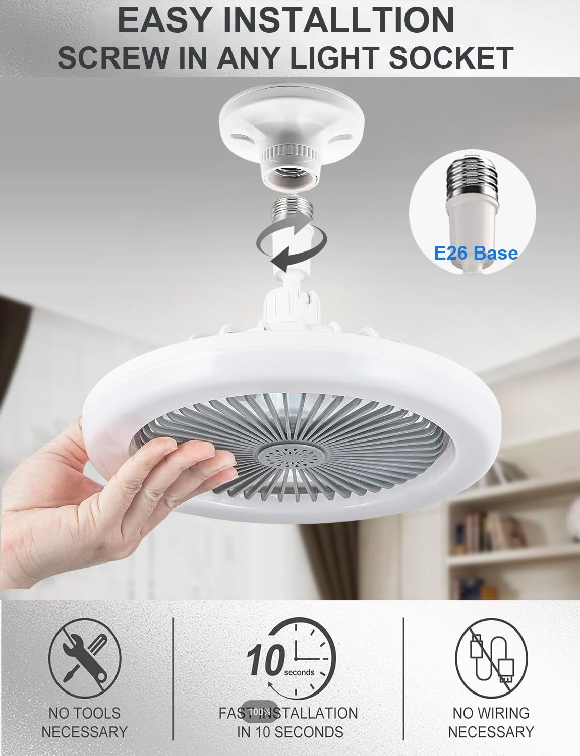 PANLAVIE Enclosed Ceiling Fan with Light and Remote, 10 Inch Screw in Fan Light Mini Bladeless Ceiling Fans, 3 Fan Speeds Dimmable 3 Light Colors for Garage Tool Room Hallway, No Wiring Required