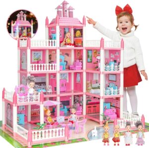 luye 4 stories dollhouse for girls 2 3 4 5 6 7 8 year old - huge doll house w/ 4 dolls figure with furniture, accessories, led light, princess dream house toys gift for toddler kids 3+, pink