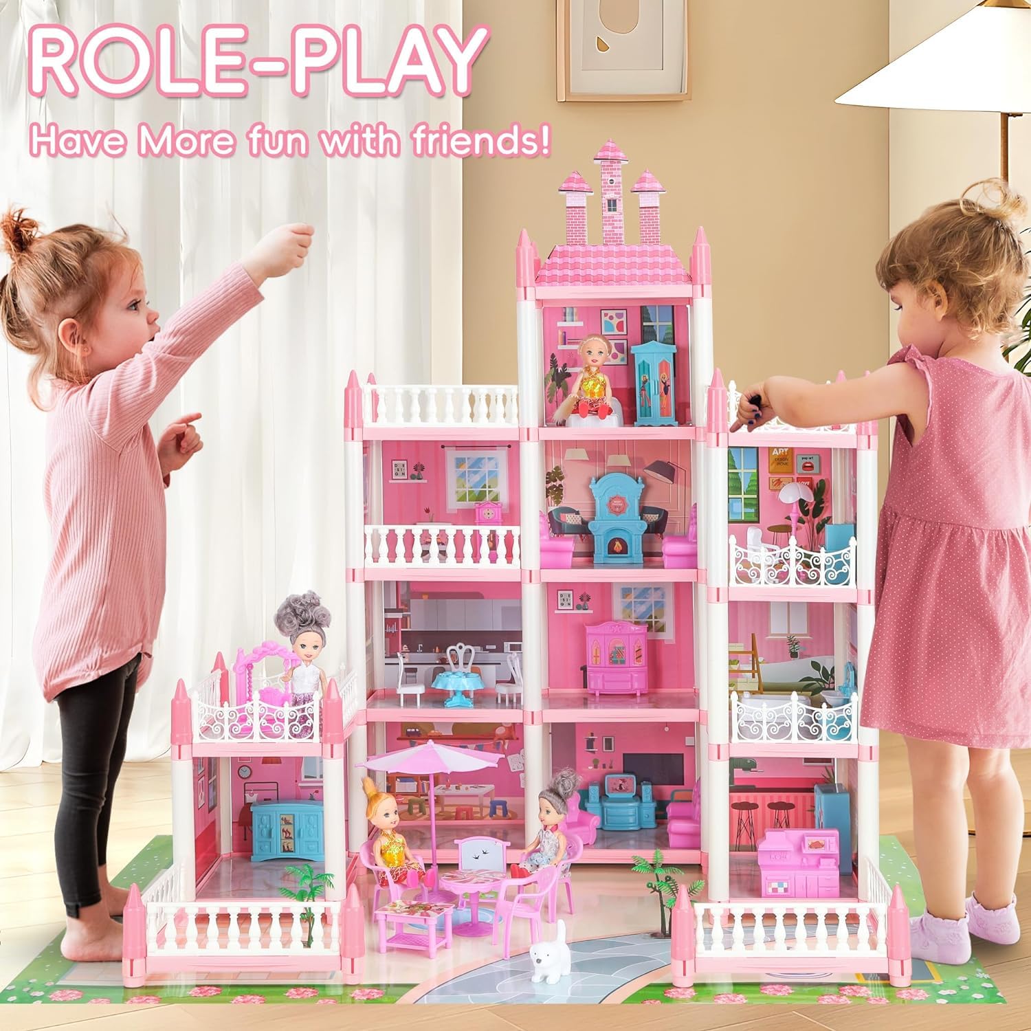 LUYE 4 Stories Dollhouse for Girls 2 3 4 5 6 7 8 Year Old - Huge Doll House w/ 4 Dolls Figure with Furniture, Accessories, LED Light, Princess Dream House Toys Gift for Toddler Kids 3+, Pink