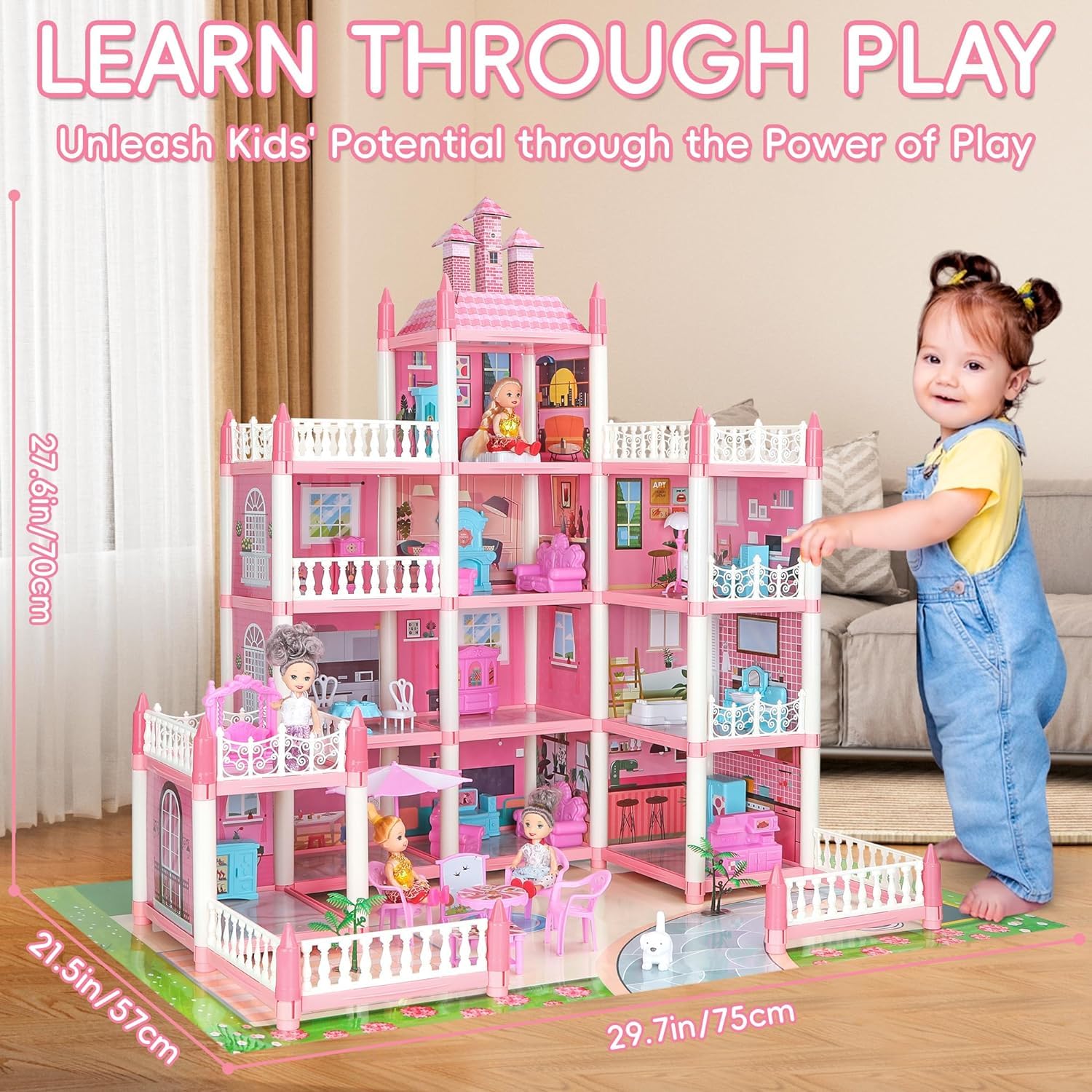 LUYE 4 Stories Dollhouse for Girls 2 3 4 5 6 7 8 Year Old - Huge Doll House w/ 4 Dolls Figure with Furniture, Accessories, LED Light, Princess Dream House Toys Gift for Toddler Kids 3+, Pink