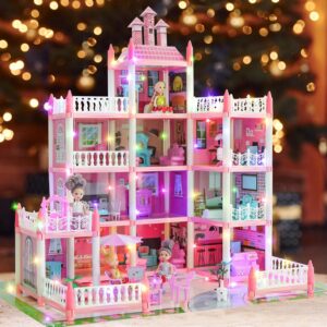 LUYE 4 Stories Dollhouse for Girls 2 3 4 5 6 7 8 Year Old - Huge Doll House w/ 4 Dolls Figure with Furniture, Accessories, LED Light, Princess Dream House Toys Gift for Toddler Kids 3+, Pink