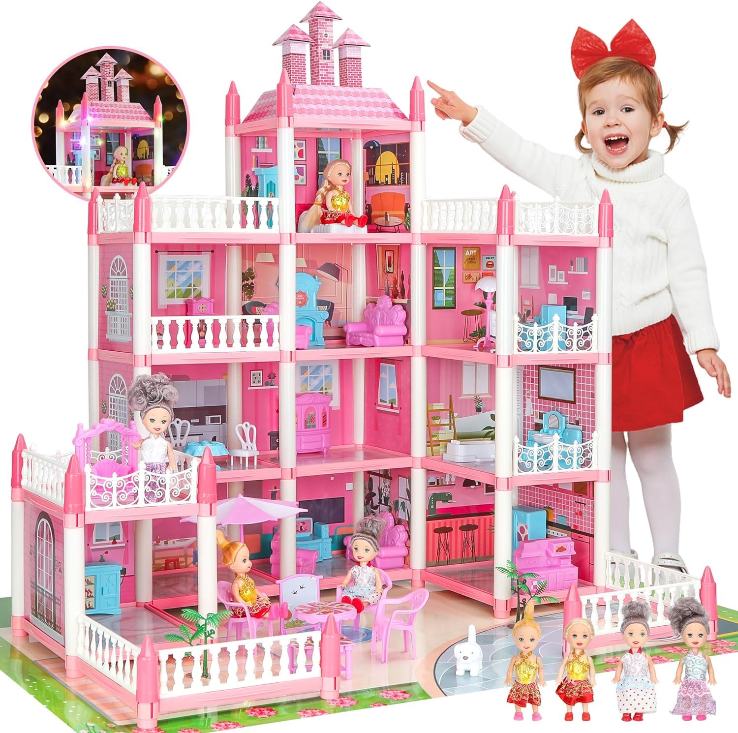 LUYE 4 Stories Dollhouse for Girls 2 3 4 5 6 7 8 Year Old - Huge Doll House w/ 4 Dolls Figure with Furniture, Accessories, LED Light, Princess Dream House Toys Gift for Toddler Kids 3+, Pink