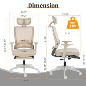 Foldable Ergonomic Office Chair with Footrest, High Back Computer Chair with 2D Headrest, Mesh Back, Sponge Seat, Adjustable Lumbar Support, 2D Armrest, Home Office Desk Chair, Cream