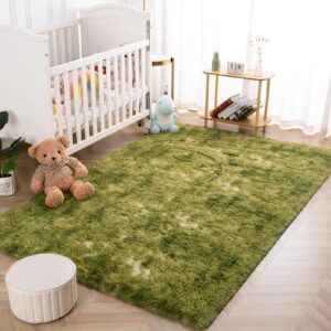 Maxsoft M Fluffy Shag Bedroom Rug, 5x8 Feet Tie-dye Green Area Rugs for Living Room Nursery Bedside, Fuzzy Plush Dorm Rug for Girls Kids, Furry Carpet for Indoor Modern Soft Home Decor