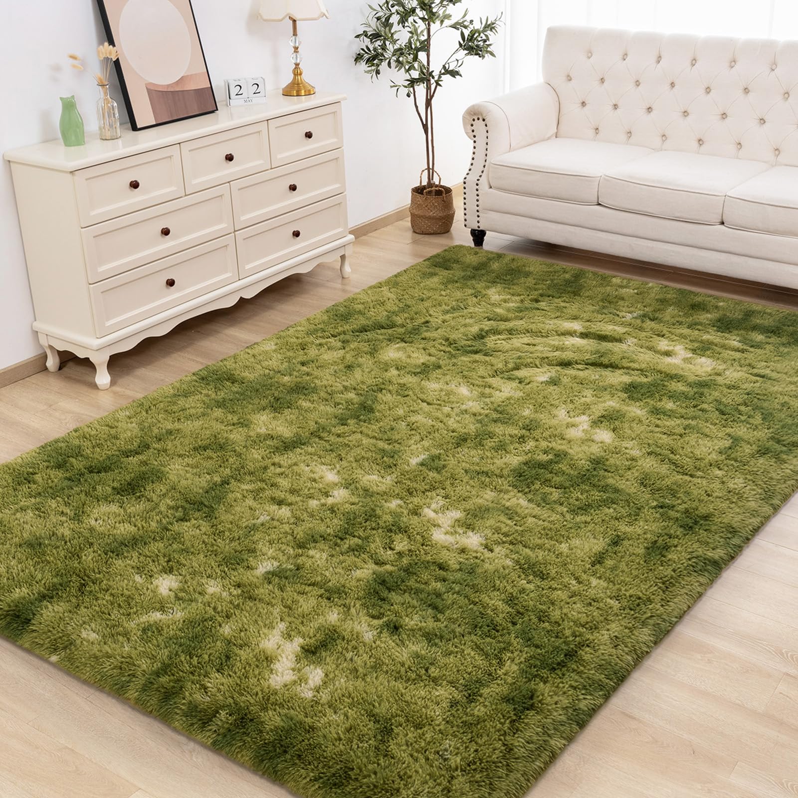 Maxsoft M Fluffy Shag Bedroom Rug, 5x8 Feet Tie-dye Green Area Rugs for Living Room Nursery Bedside, Fuzzy Plush Dorm Rug for Girls Kids, Furry Carpet for Indoor Modern Soft Home Decor