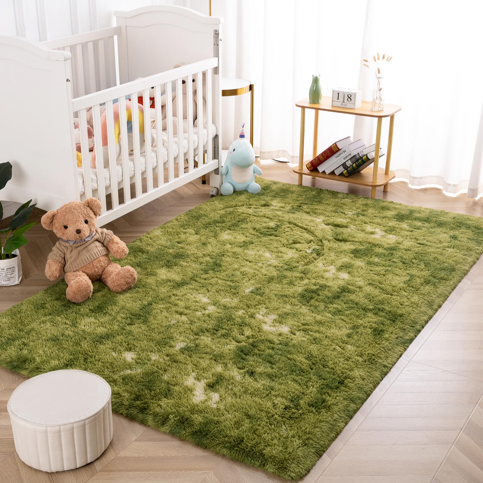 Maxsoft M Fluffy Shag Bedroom Rug, 4x6 Feet Tie-dye Green Area Rugs for Living Room Nursery Bedside, Fuzzy Plush Dorm Rug for Girls Kids, Furry Carpet for Indoor Modern Soft Home Decor