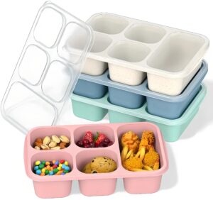 box2go bento box adult lunch box [4 pack], 5-compartment meal prep container for kids, reusable food storage containers with transparent lids, no bpa, microwaveable [wheat green/blue/pink/beige]