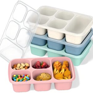 box2go Bento Box Adult Lunch Box [4 Pack], 5-Compartment Meal Prep Container for Kids, Reusable Food Storage Containers with Transparent Lids, No BPA, Microwaveable [Wheat Green/Blue/Pink/Beige]