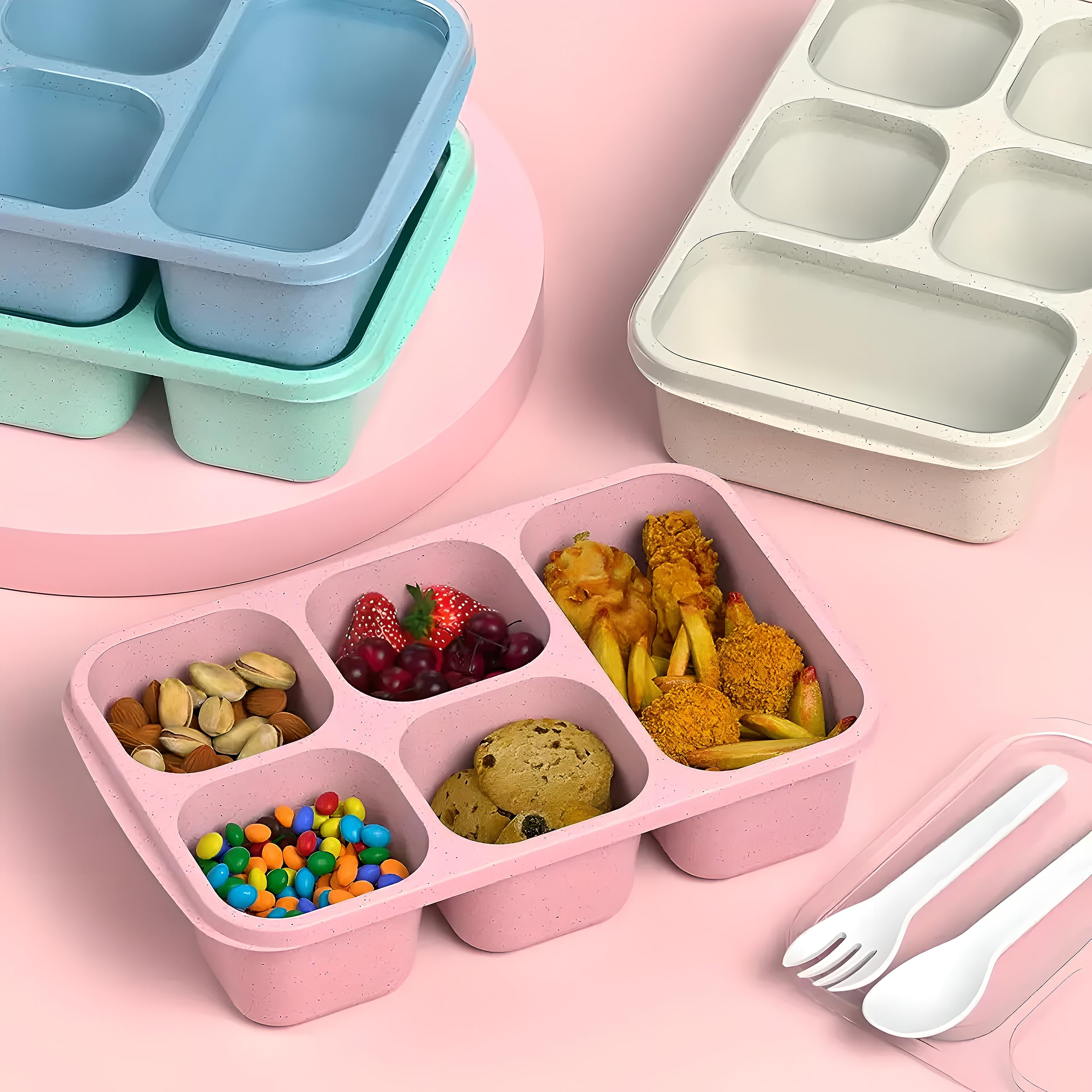 box2go Bento Box Adult Lunch Box [4 Pack], 5-Compartment Meal Prep Container for Kids, Reusable Food Storage Containers with Transparent Lids, No BPA, Microwaveable [Wheat Green/Blue/Pink/Beige]